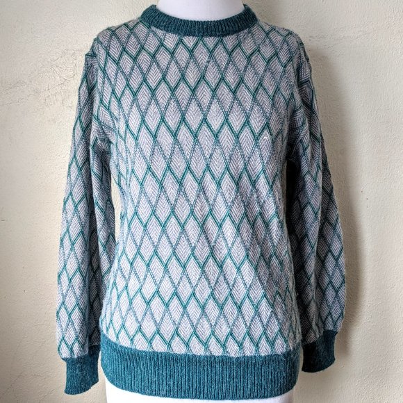 Vintage | Sweaters | Vintage Sweater 8s Blue Knit Geometric Diamond ...